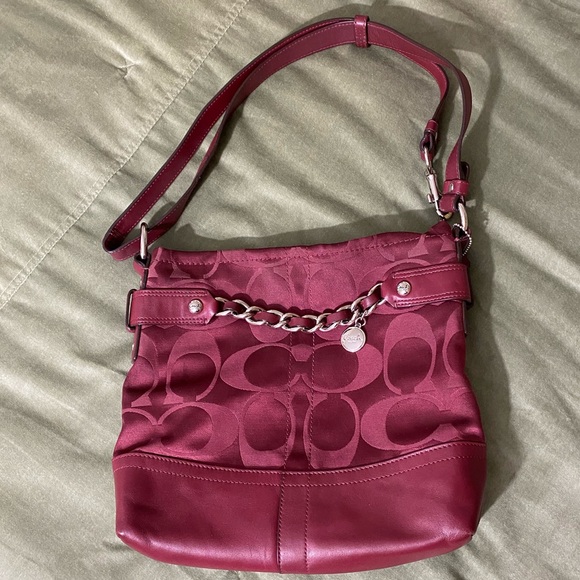 Coach | Bags | Coach Maroon Cranberry Signature Fabric Leather ...